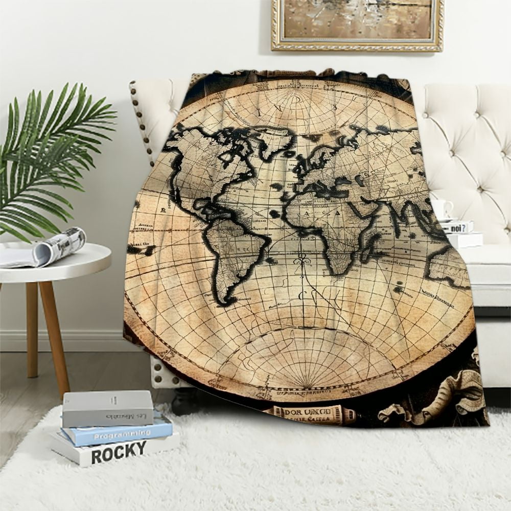 Chilfamy Vintage World Map Flannel Blanket Pirate Adventure Treasure ...