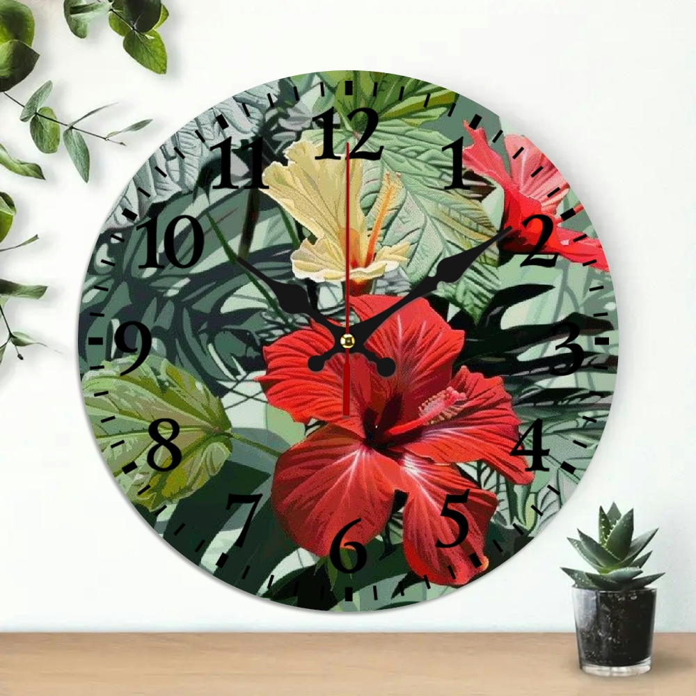Chilfamy Wall Clock Flowers Leaves Red Flower Print Wall Art Decor 10 ...