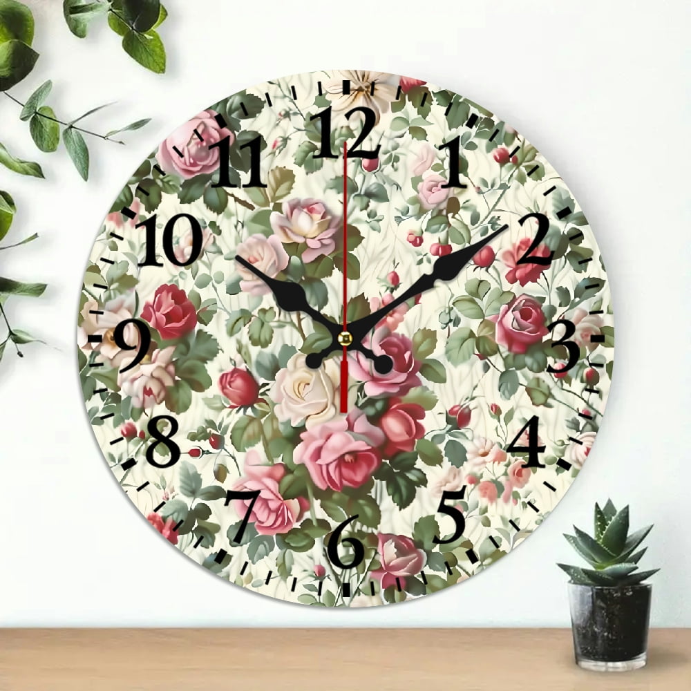 Chilfamy Wall Clock Roses Print Decorative Wall Art 10 Inch Frameless ...
