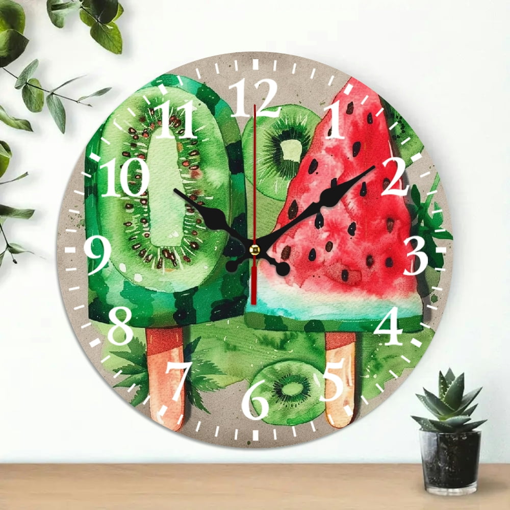 Chilfamy Watermelon Kiwi Popsicle Theme 10 Inch Round Wooden Wall Clock ...