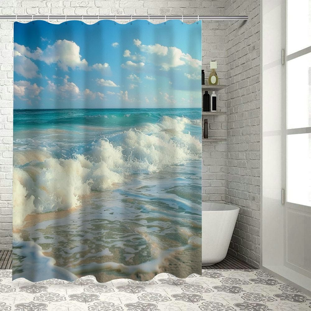 Chilfamy Wave Shower Curtain, Beach with Foamy Waves on Empty Sea Shore Holiday Theme Serene ...