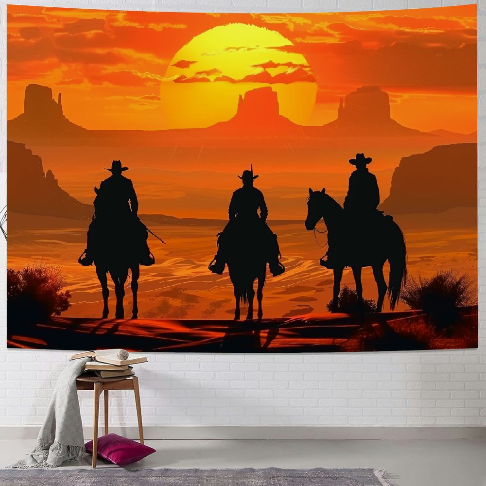 Chilfamy Western Desert Cowboy Tapestry, Desert Silhouette Sunset ...