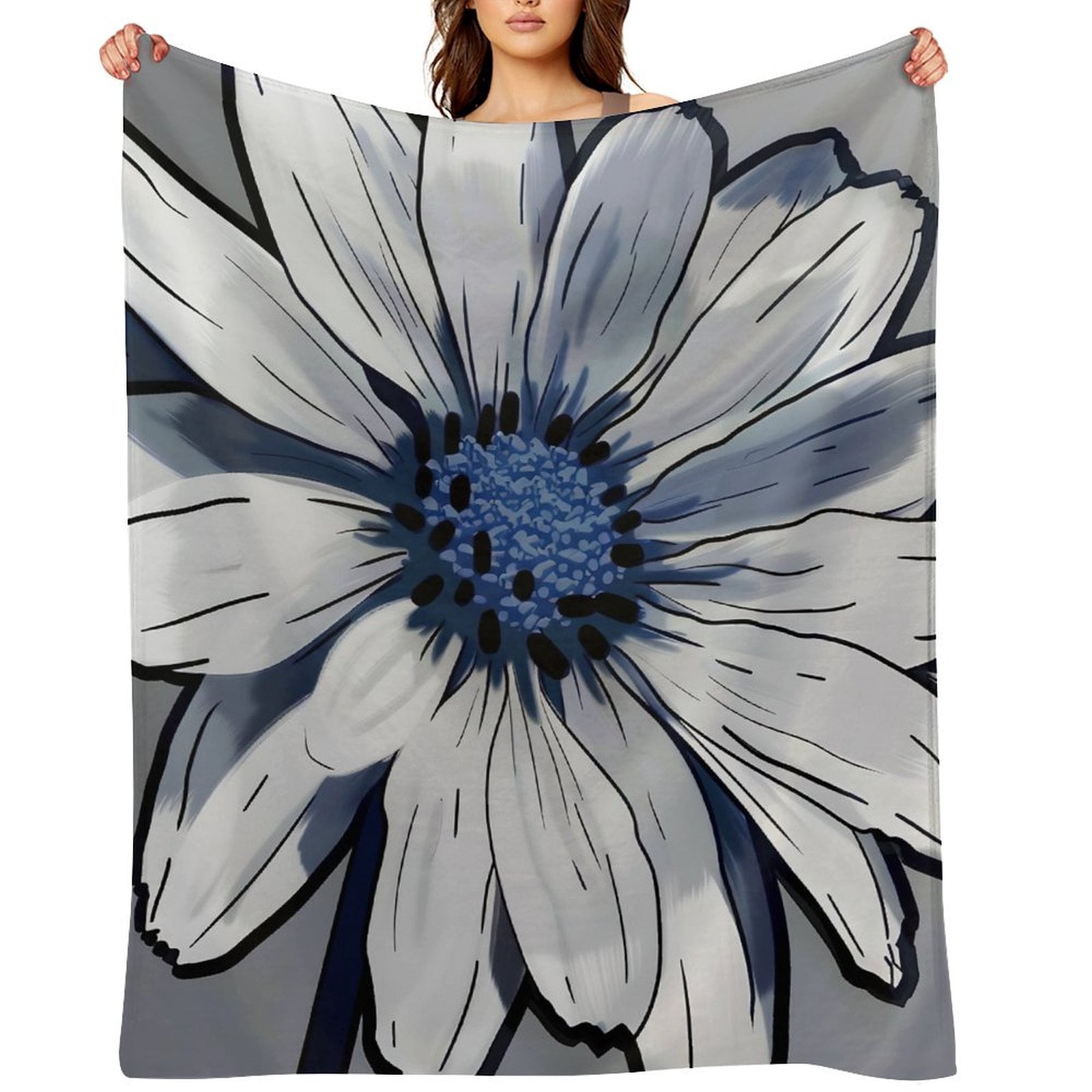 Chilfamy White Flower Blue Center Soft Flannel Throw Blanket ...