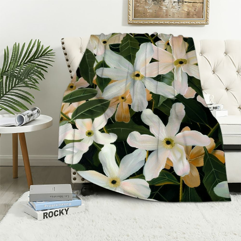 Chilfamy White Flowers Green Leaves Print Flannel Throw Blanket Hand ...