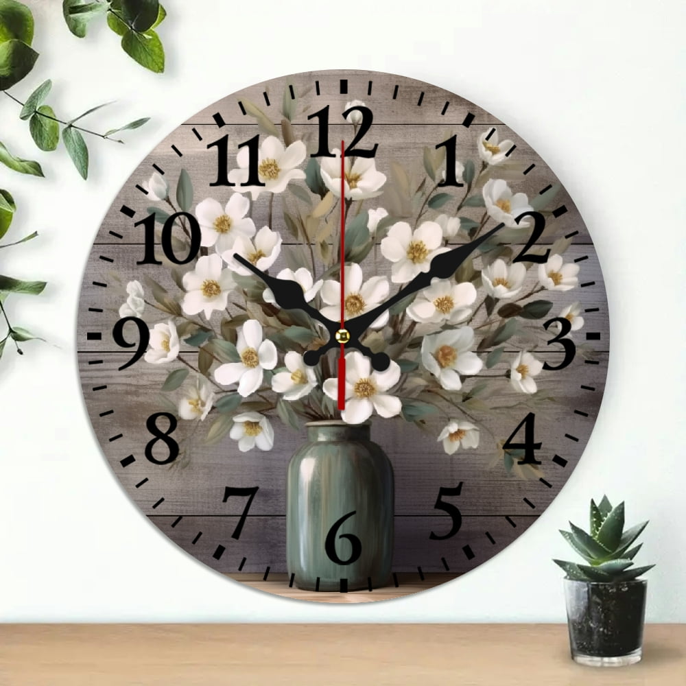 Chilfamy White Flowers Round Wooden Wall Clock for Home Decor, 10 Inch ...