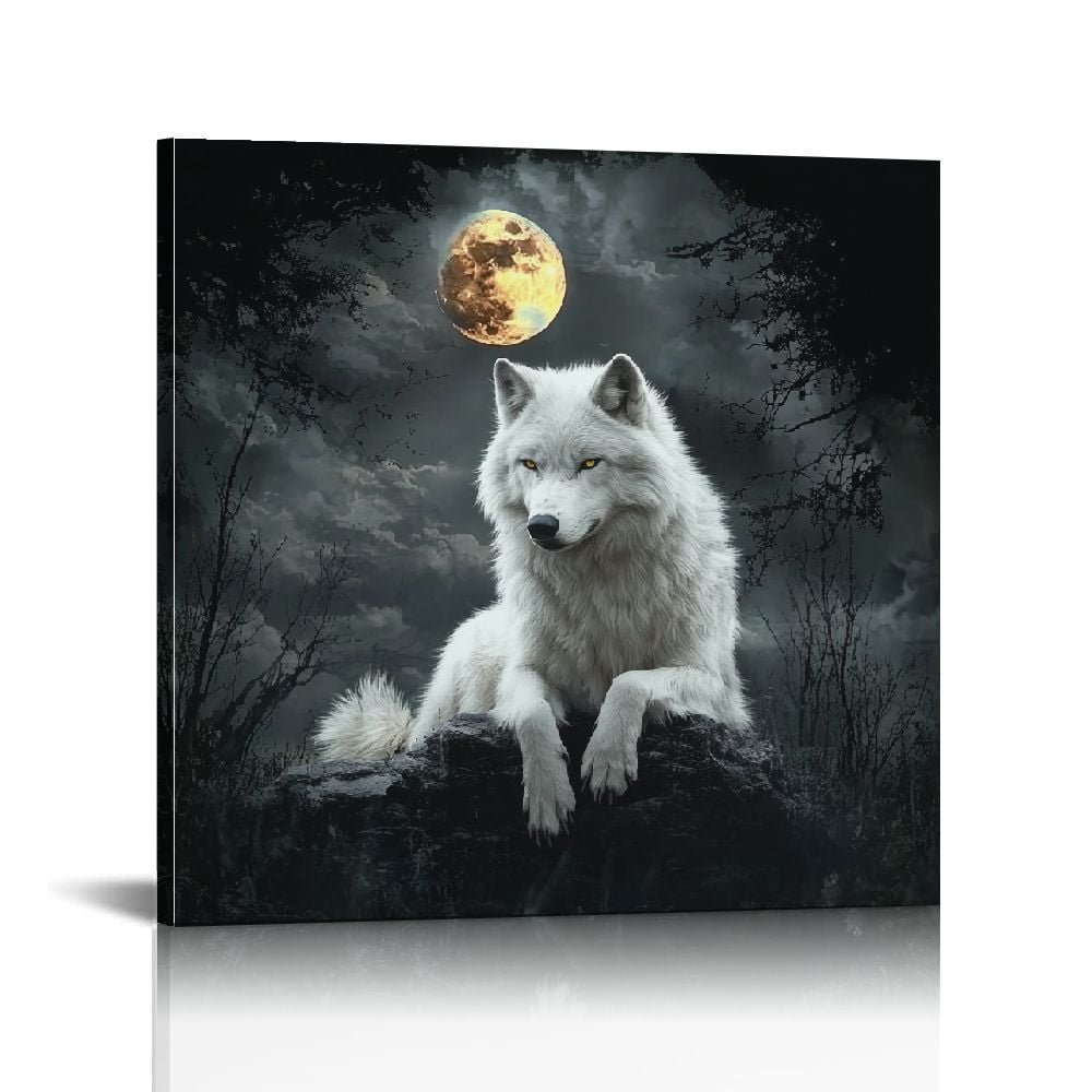 Chilfamy White Wolf Full Moon Gothic Art Canvas Wall Art Modern Prints ...