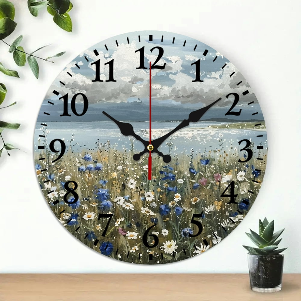 Chilfamy Wildflowers Body Of Water Clouds Theme 10 Inch Wall Clock ...