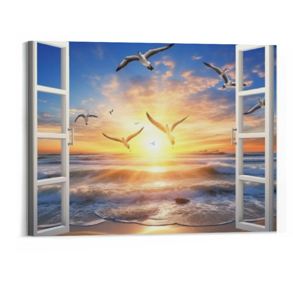 Chilfamy Window Beach Picture Canvas Wall Art - Fake Window View Ocean ...