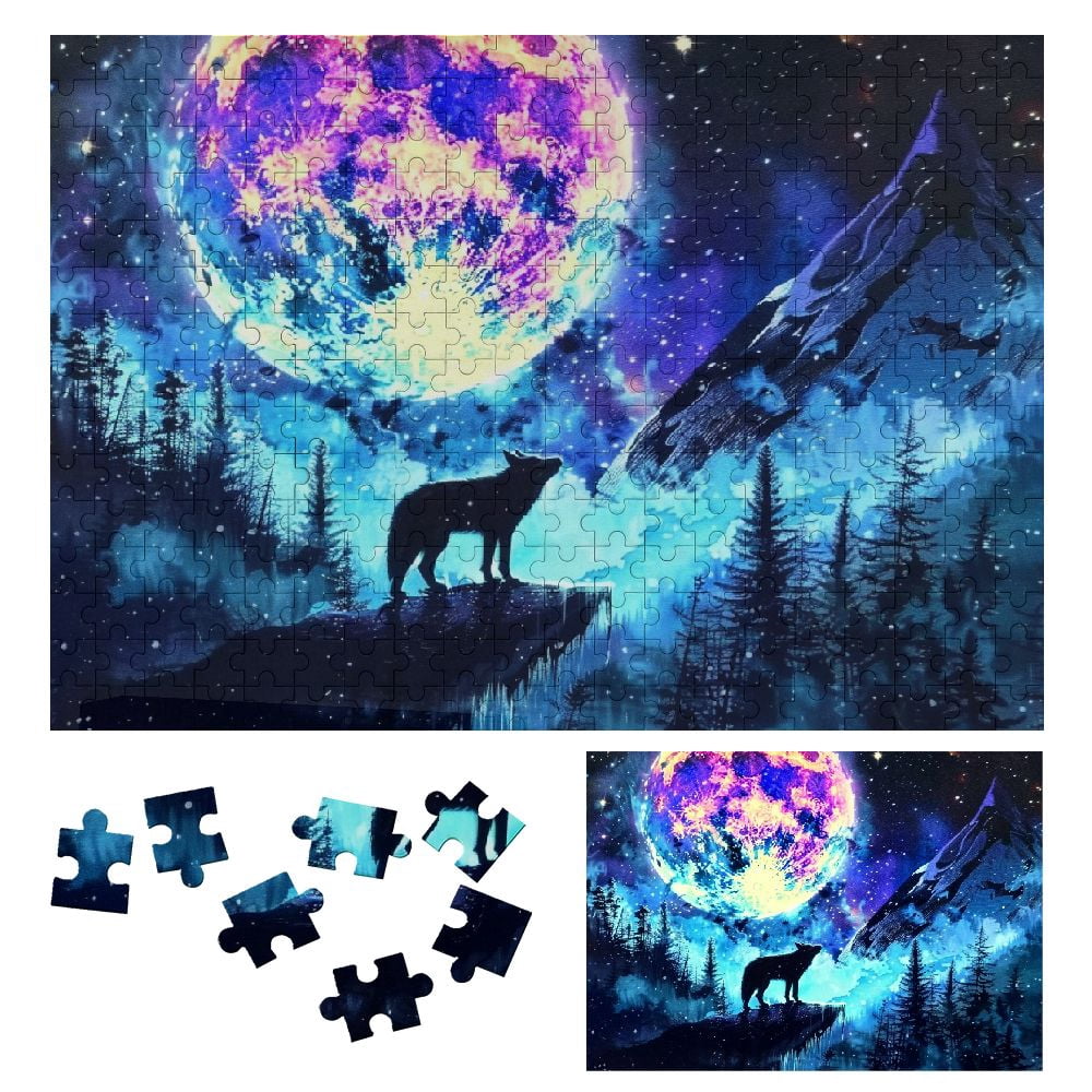 Chilfamy Wolf Moon Stars Wooden Jigsaw Puzzle, Premium Eco-Friendly ...