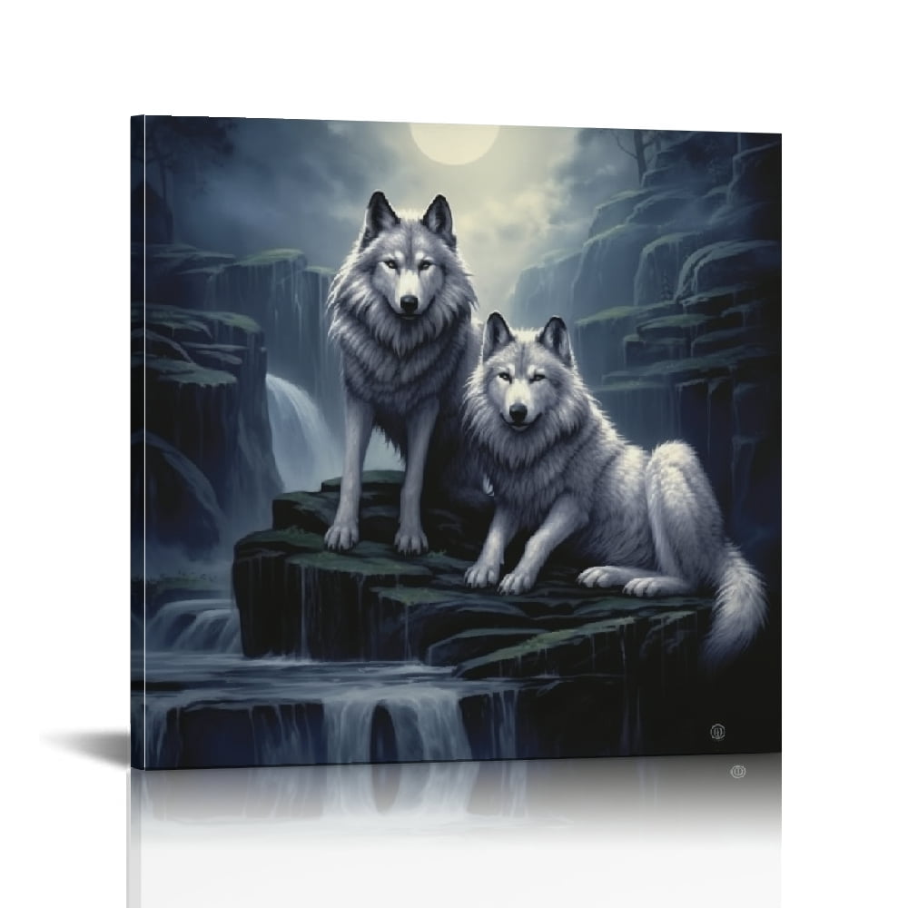 Chilfamy Wolfs Moon Waterfall Canvas Wall Art Ready To Hang Decor 12x12in - Walmart.com