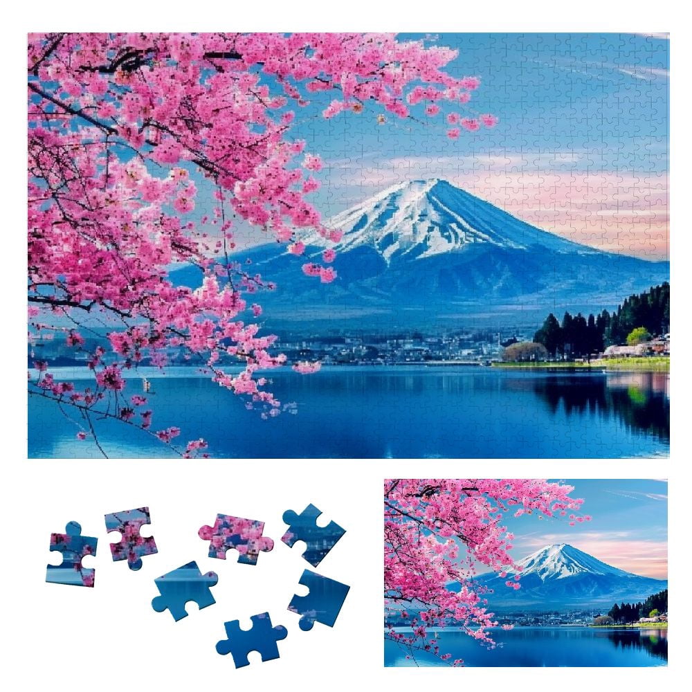 Chilfamy Wooden Jigsaw Puzzle - Cherry Blossom Tree, Mountain, Lake ...