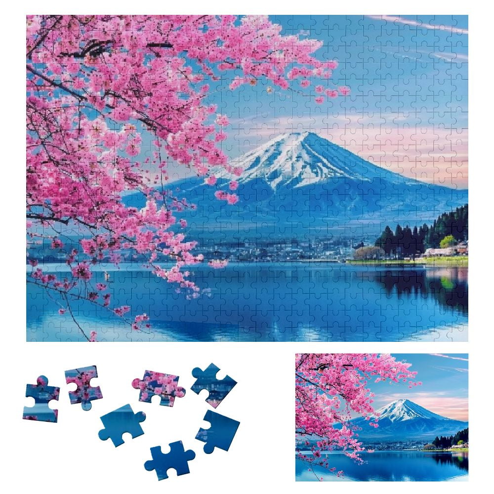 Chilfamy Wooden Jigsaw Puzzle - Cherry Blossom Tree, Mountain, Lake ...