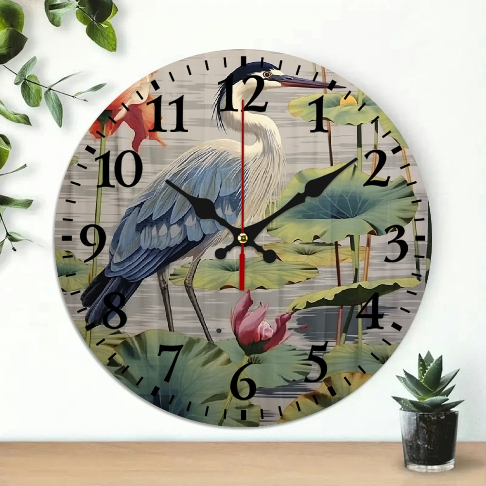 Chilfamy Wooden Wall Clock Bird Water Lilies Print Decorative 10 Inch ...