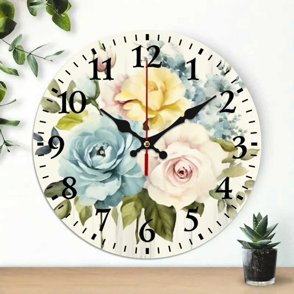 Chilfamy Wooden Wall Clock, Flowers Bouquet Soft Colors Print, Wall Art ...