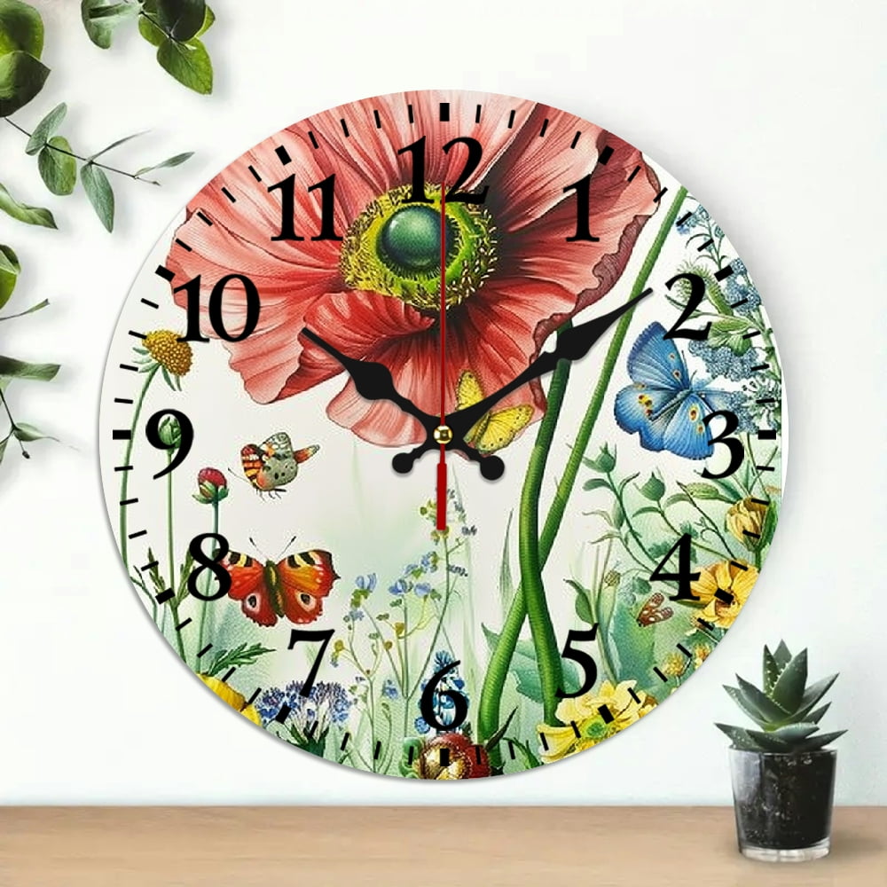 Chilfamy Wooden Wall Clock Flowers Butterflies Green Eye Print 10x10in ...