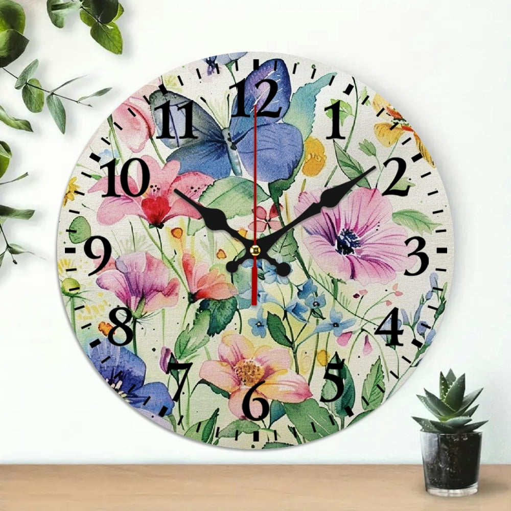 Chilfamy Wooden Wall Clock Flowers Butterfly Watercolor Print Battery ...
