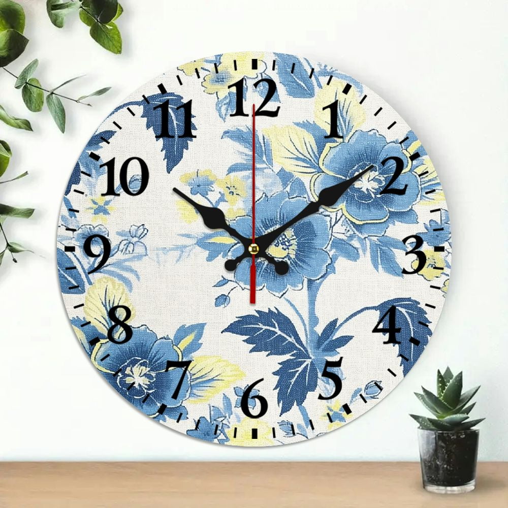 Chilfamy Wooden Wall Clock Flowers Print Battery Operated Decor for ...
