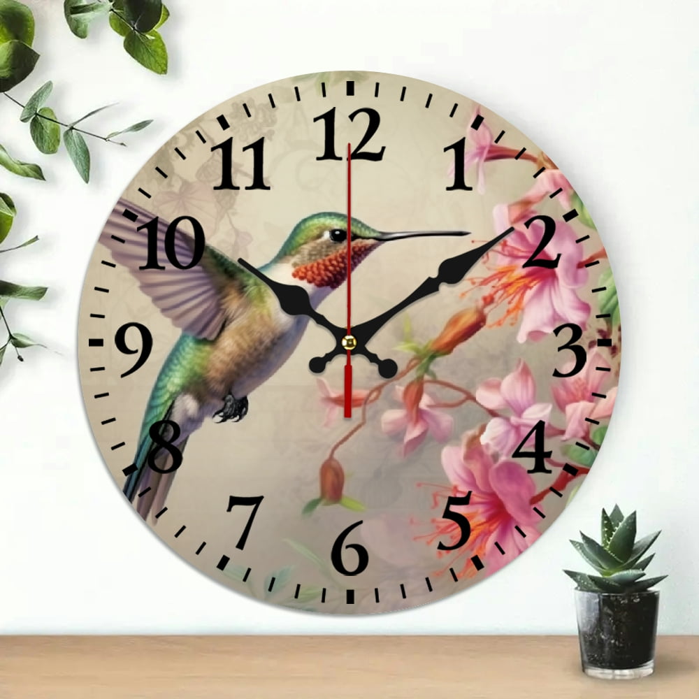 Chilfamy Wooden Wall Clock Hummingbird Flowers Branch Print 10 Inches ...