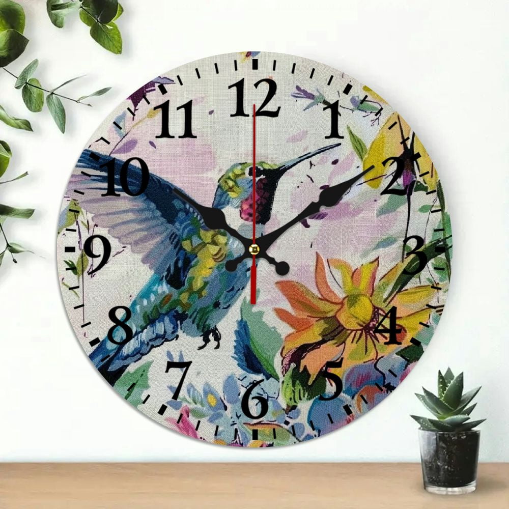 Chilfamy Wooden Wall Clock with Hummingbird Flowers Print, Battery ...