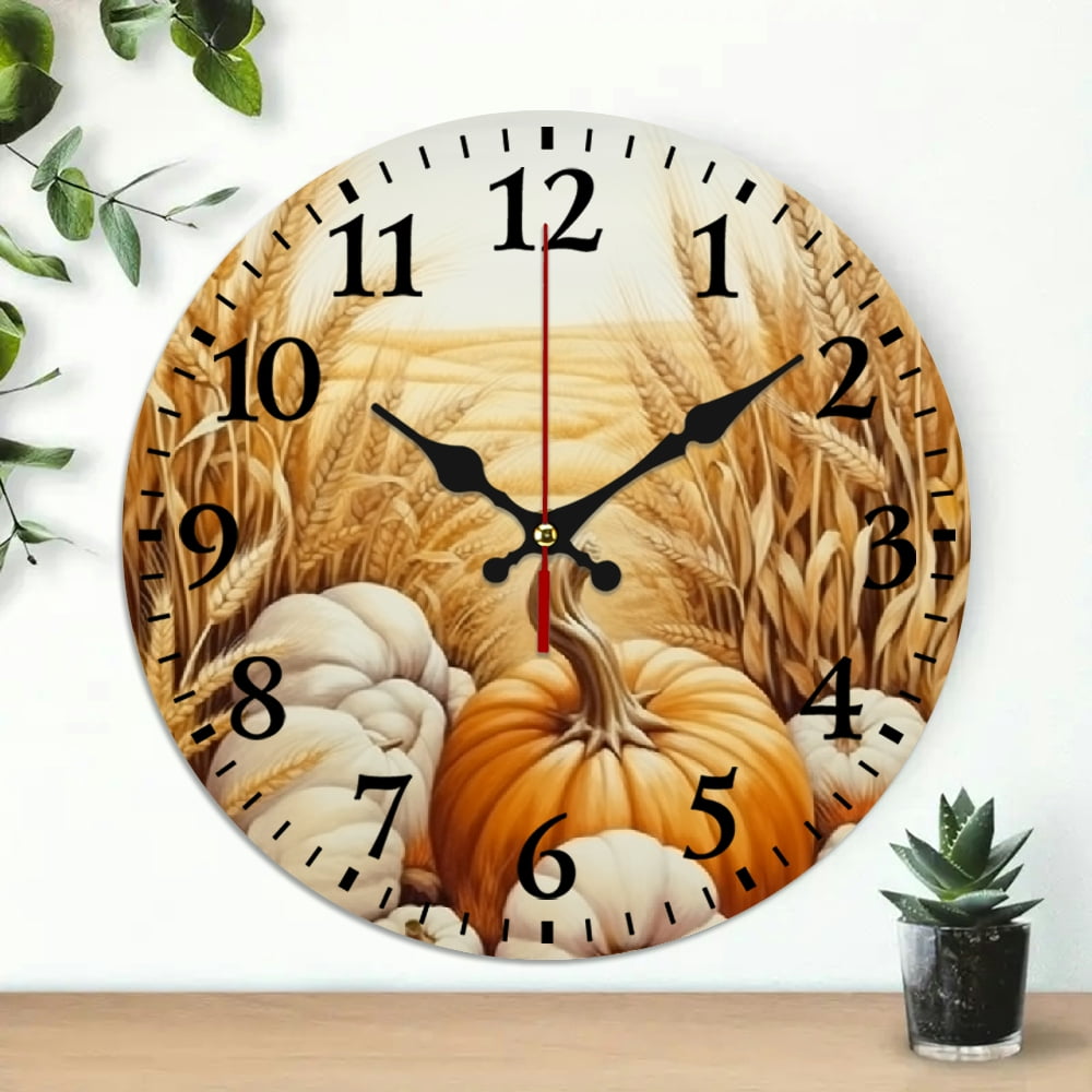 Chilfamy Wooden Wall Clock Pumpkin Wheat Harvest Print Wall Art Decor ...
