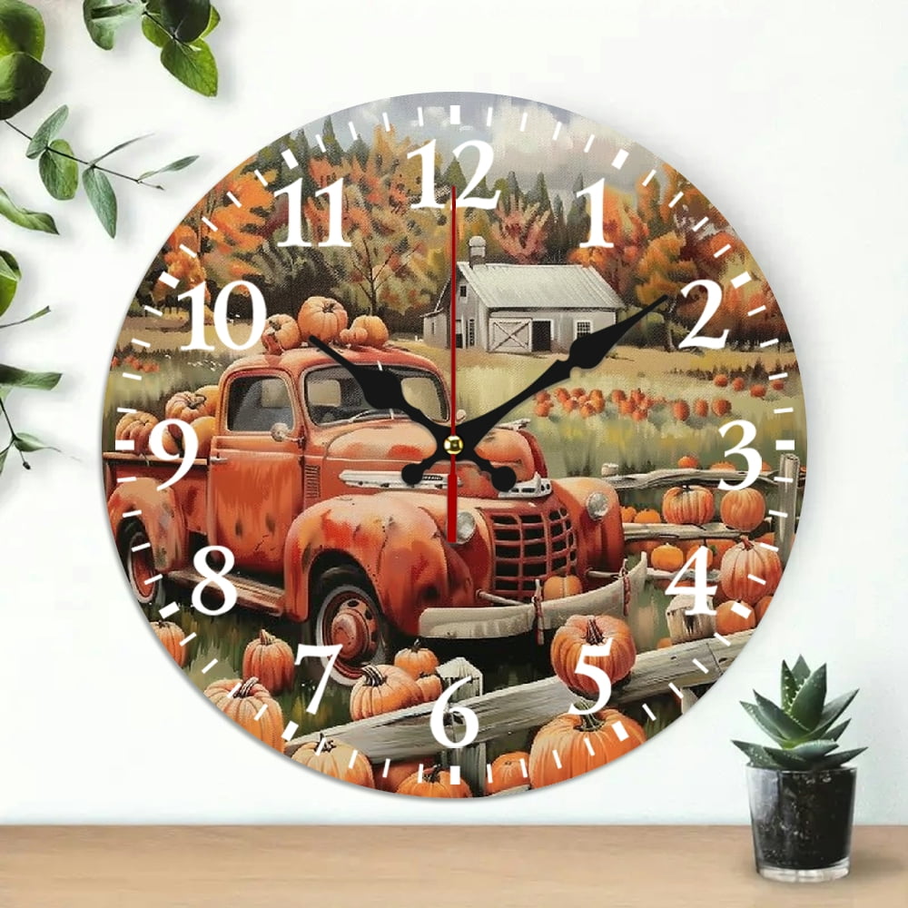 Chilfamy Wooden Wall Clock Pumpkins Truck Harvest Print Decor for ...
