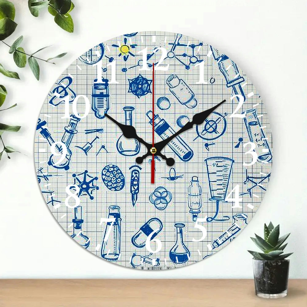 Chilfamy Wooden Wall Clock Science Theme Print Decor for Living Room ...