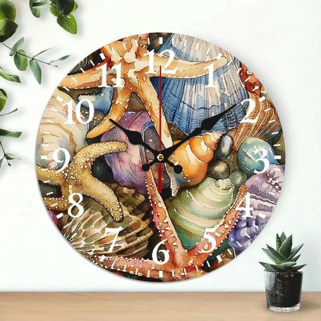 Chilfamy Wooden Wall Clock Starfish Shells Sea Creatures Decor 10 Inch ...