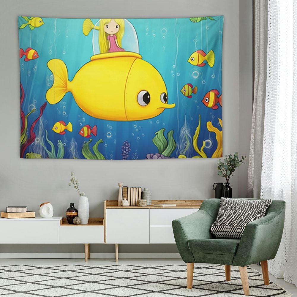 Chilfamy Yellow Submarine Tapestry, Nautical Colorful Fish Underwater ...