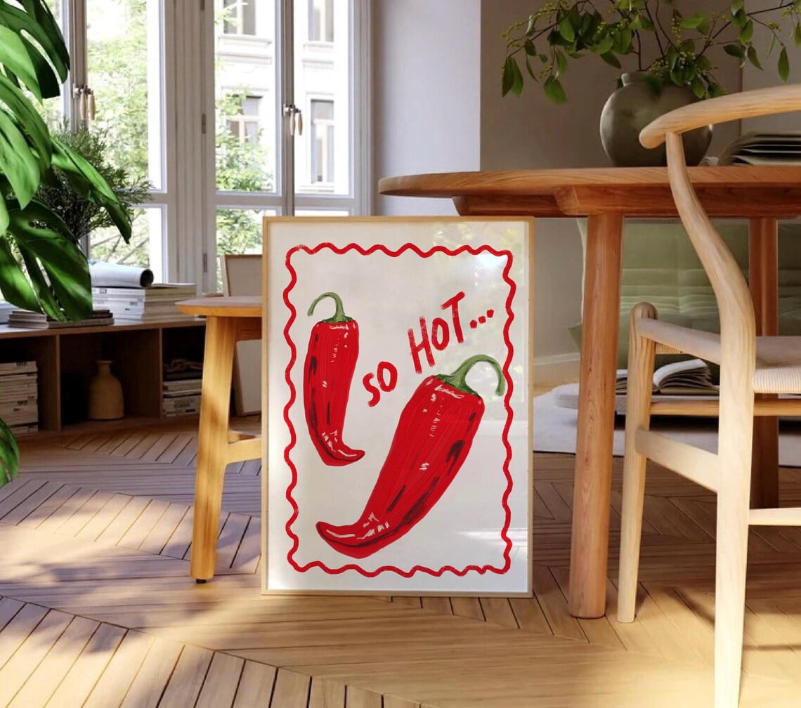 Chili Hot Pepper Art Print, Red Pepper Wall Art, Retro Kitchen Wall ...