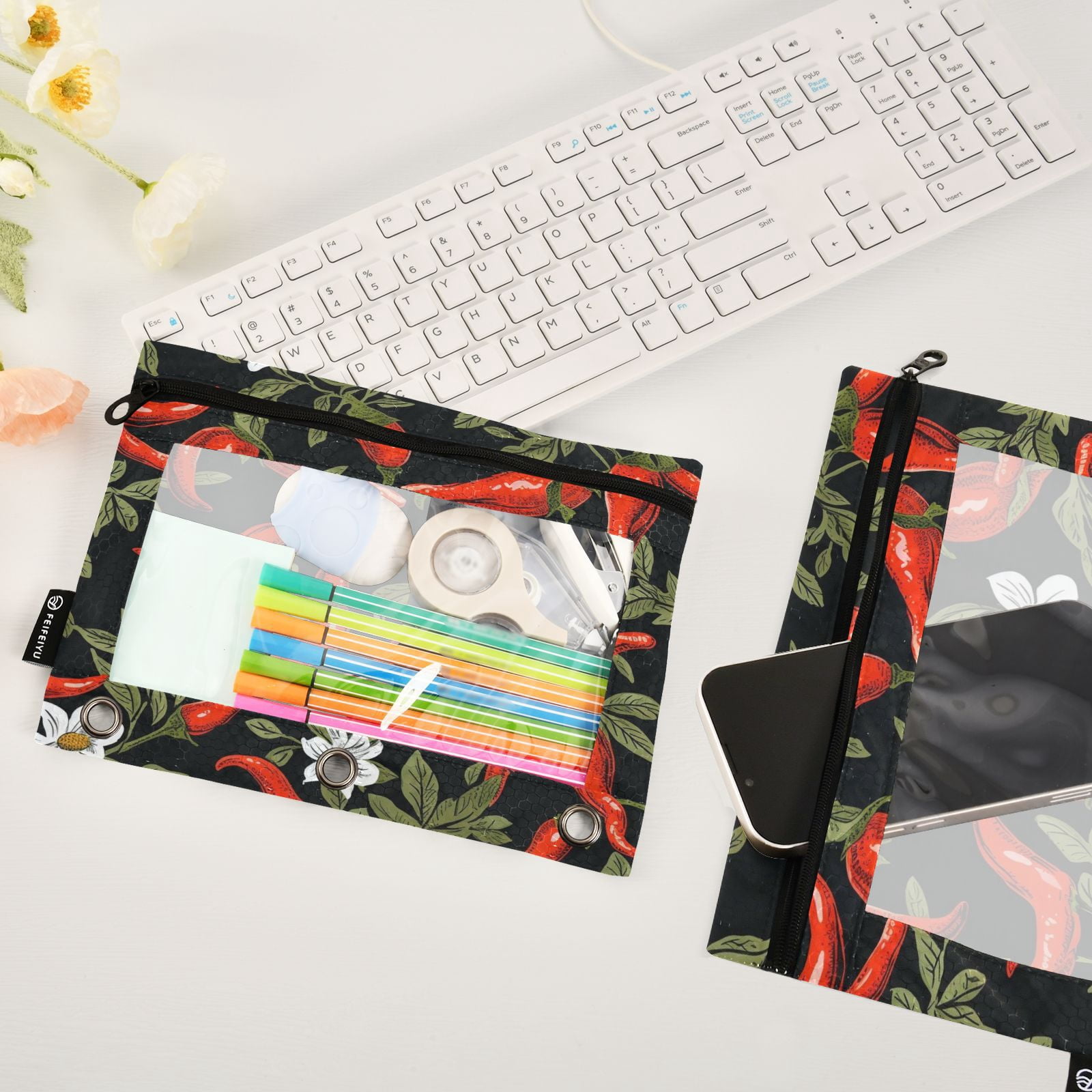 Chili Leaves Flowers 2 Pack Pencil Pouches Zipper Pencil Case 3 Ring ...