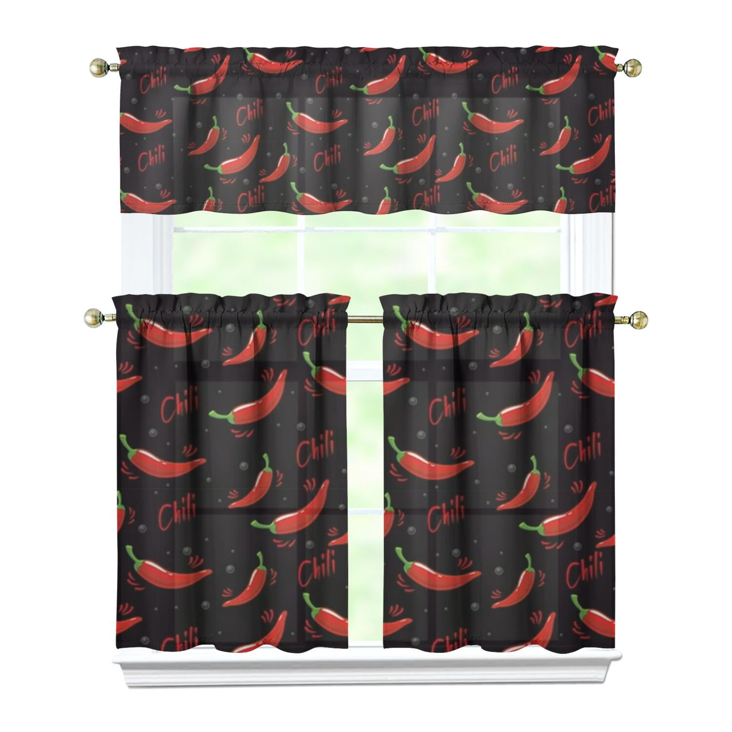 Chili Peppers Kitchen Curtains Set Tier and Valance, Spicy Red Hot ...