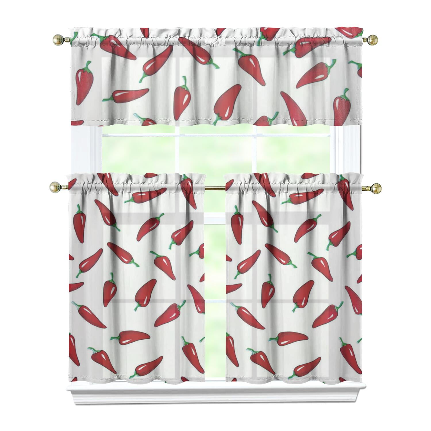 Chili Peppers Kitchen Curtains Set Tier and Valance, Spicy Red Hot ...