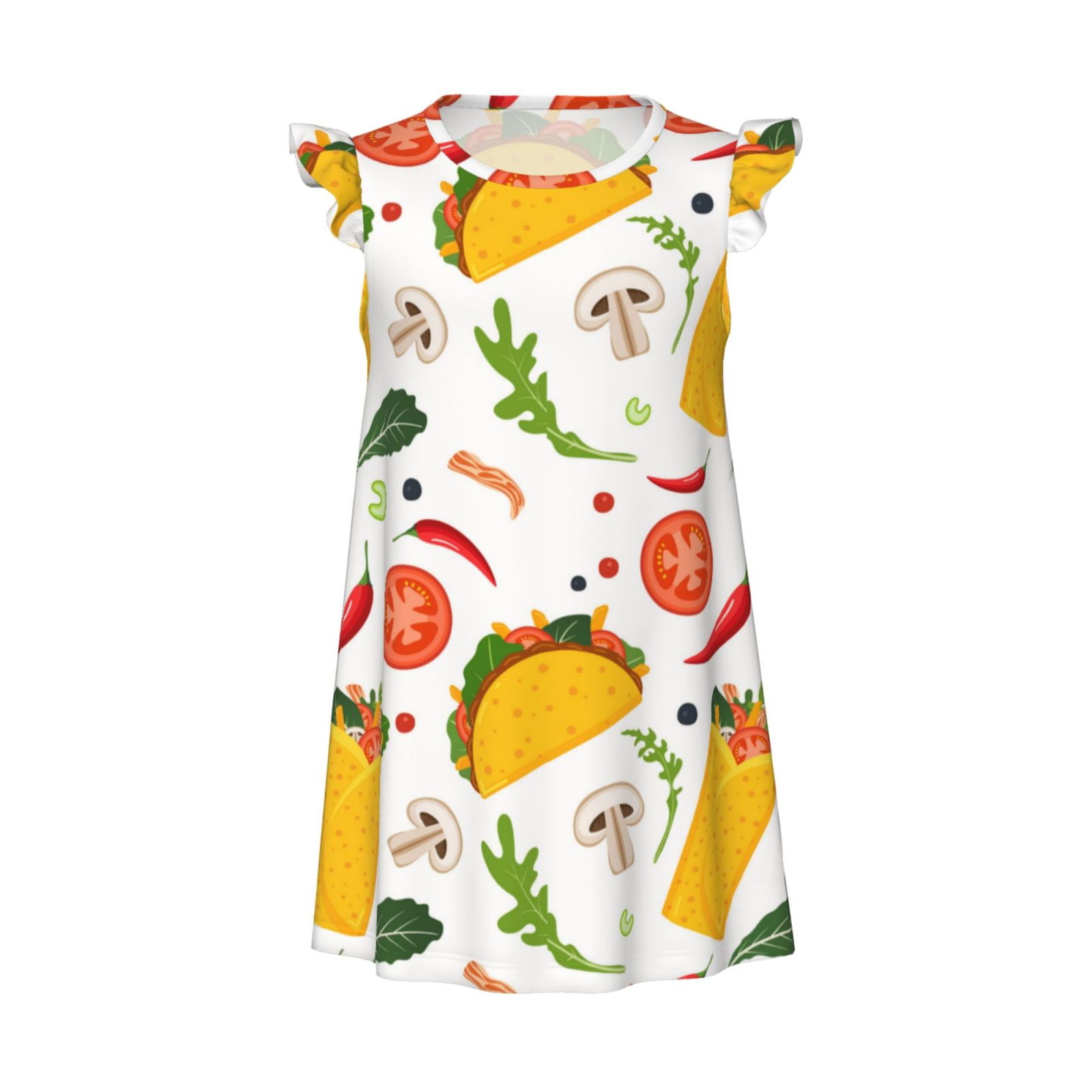 Chili Taco Tomato Bacon Print Girls Nightgowns, Short Sleeves Dress ...