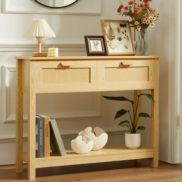Chilihom Rattan Console Table with Drawers, Boho Entryway Table with ...