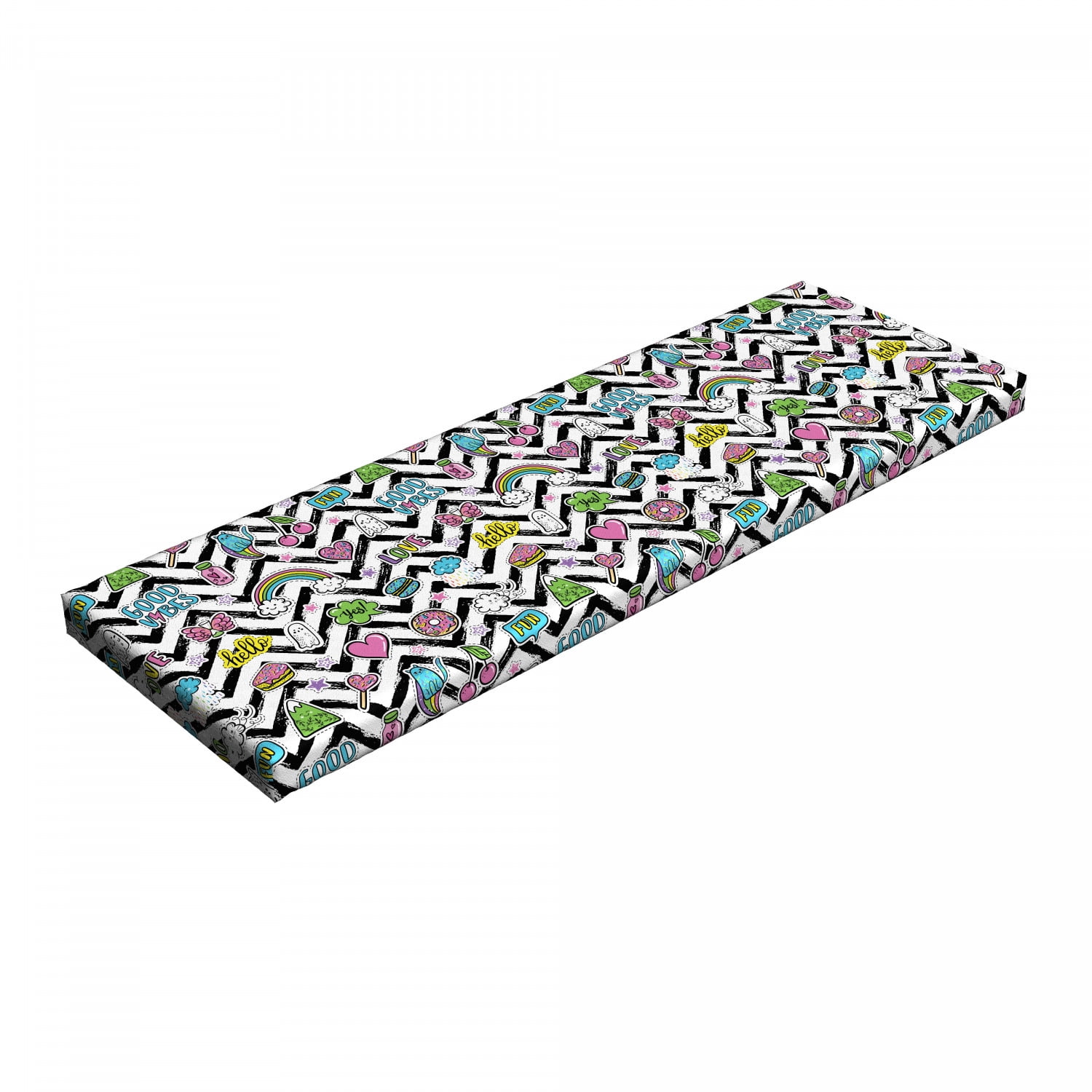 Chill Bench Pad, Black Zigzags with Colorful Cartoon Clouds Rainbow ...