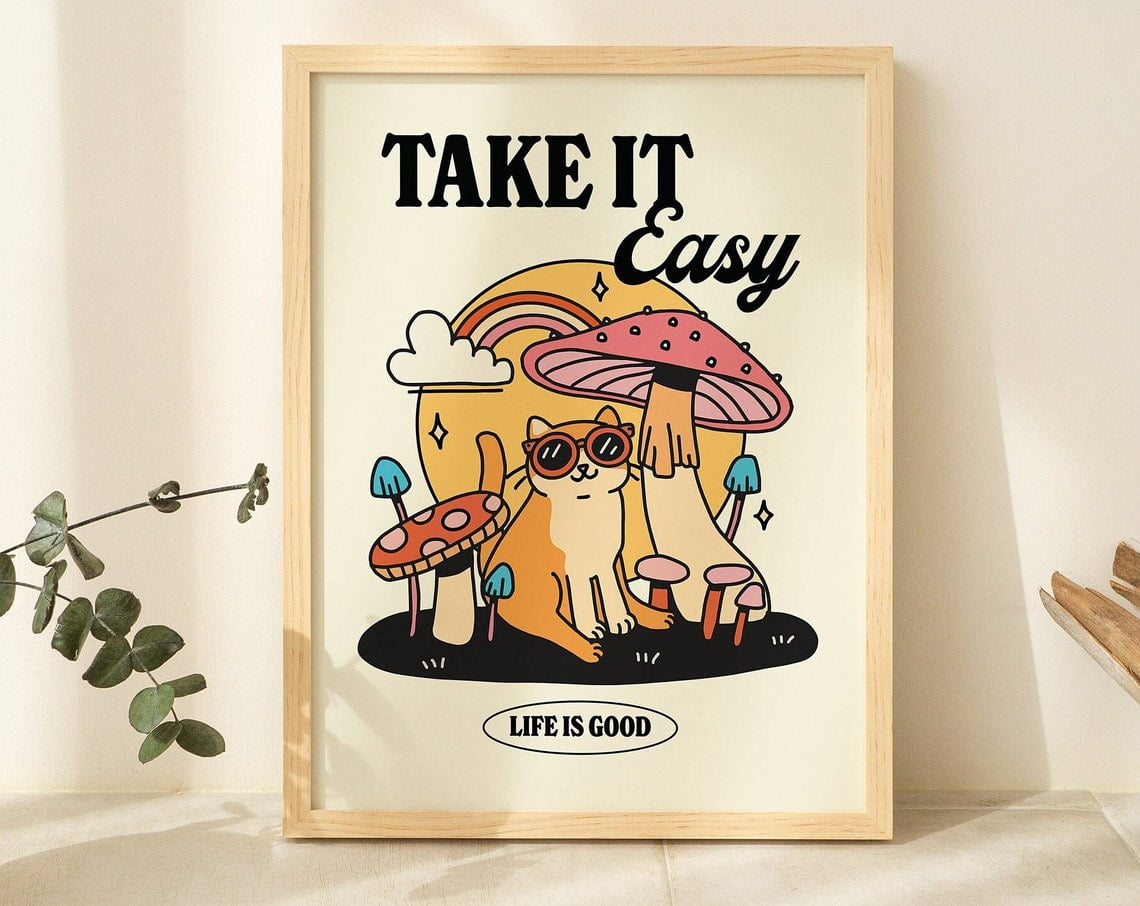 Chill Cat Mushroom Print, Take It Easy Quote Poster, Neutral Retro ...