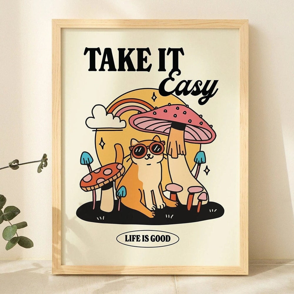 Chill Cat Mushroom Print, Take It Easy Quote Poster, Neutral Retro ...