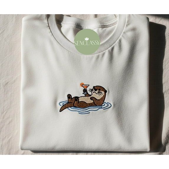 Chill Otter Embroidered T-Shirt, Relaxed Summer Animal Tee, Cute ...