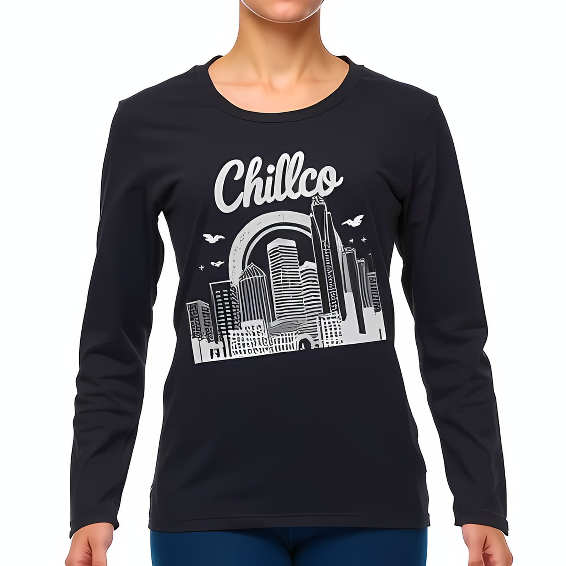 Chillco Women's Long Sleeve T-Shirt - Navy Blue Cityscape Design with ...