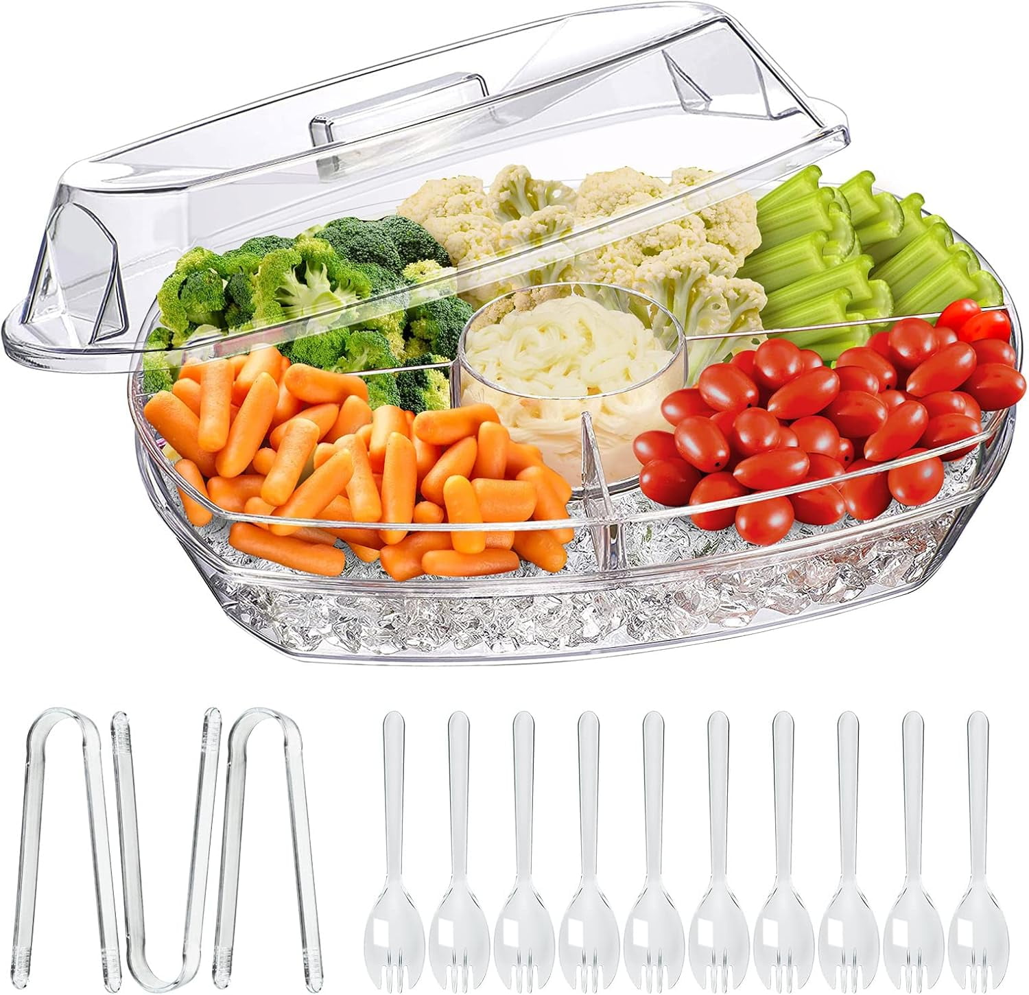 Chilled Veggie Tray, 15 Inch Clear Party Platter with 4 Compartments ...