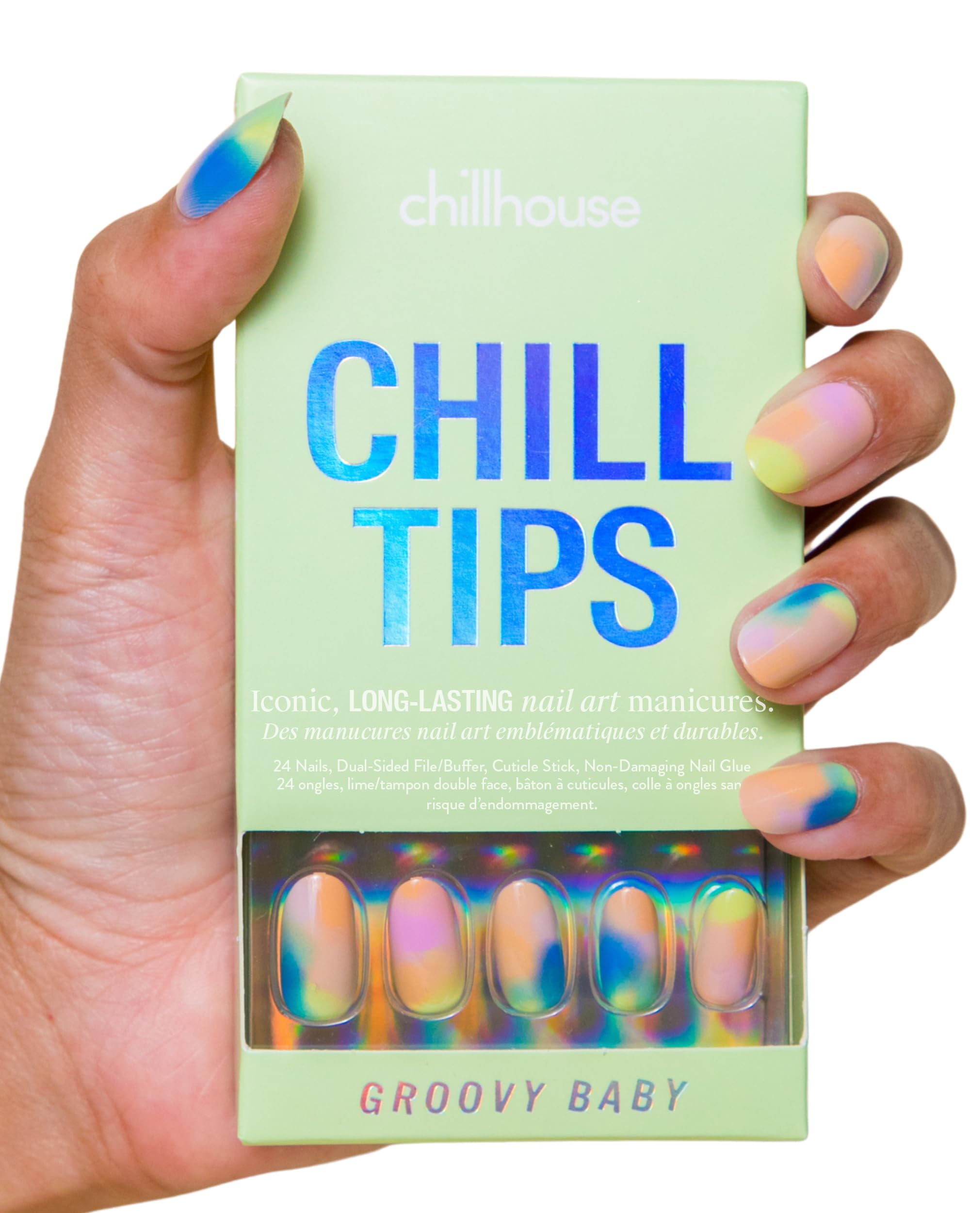 Chillhouse Chill Tips Signatures Press On Nails Kit, Groovy Baby - 24 Nail Shapes & Sizes, Dual ...