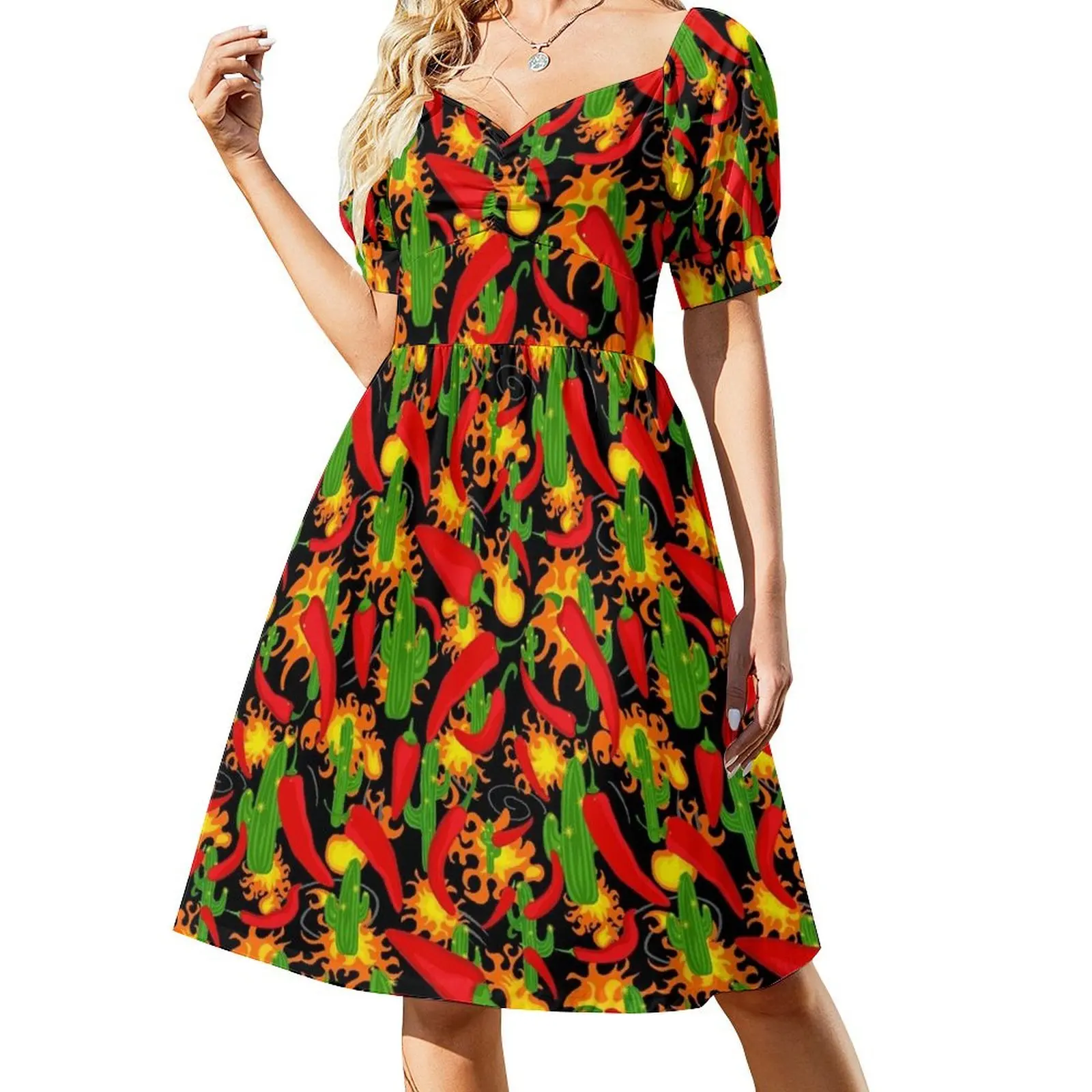 Chilli Peppers Cactus and Flames Cartoon Pattern Dress prom dress ...