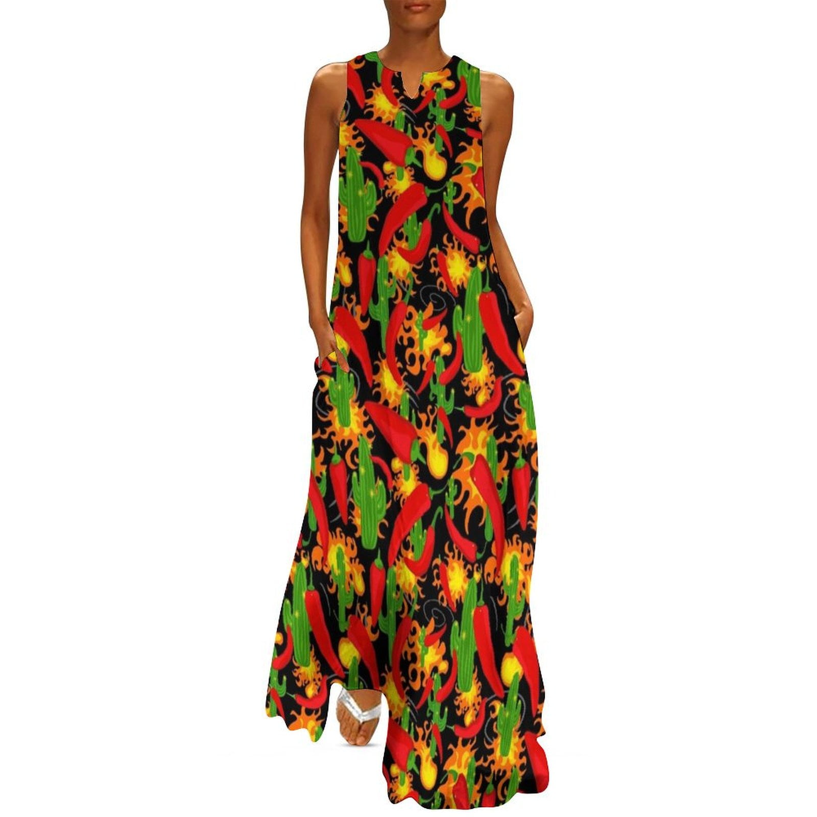 Chilli Peppers Cactus and Flames Cartoon Pattern Long Dress evening ...