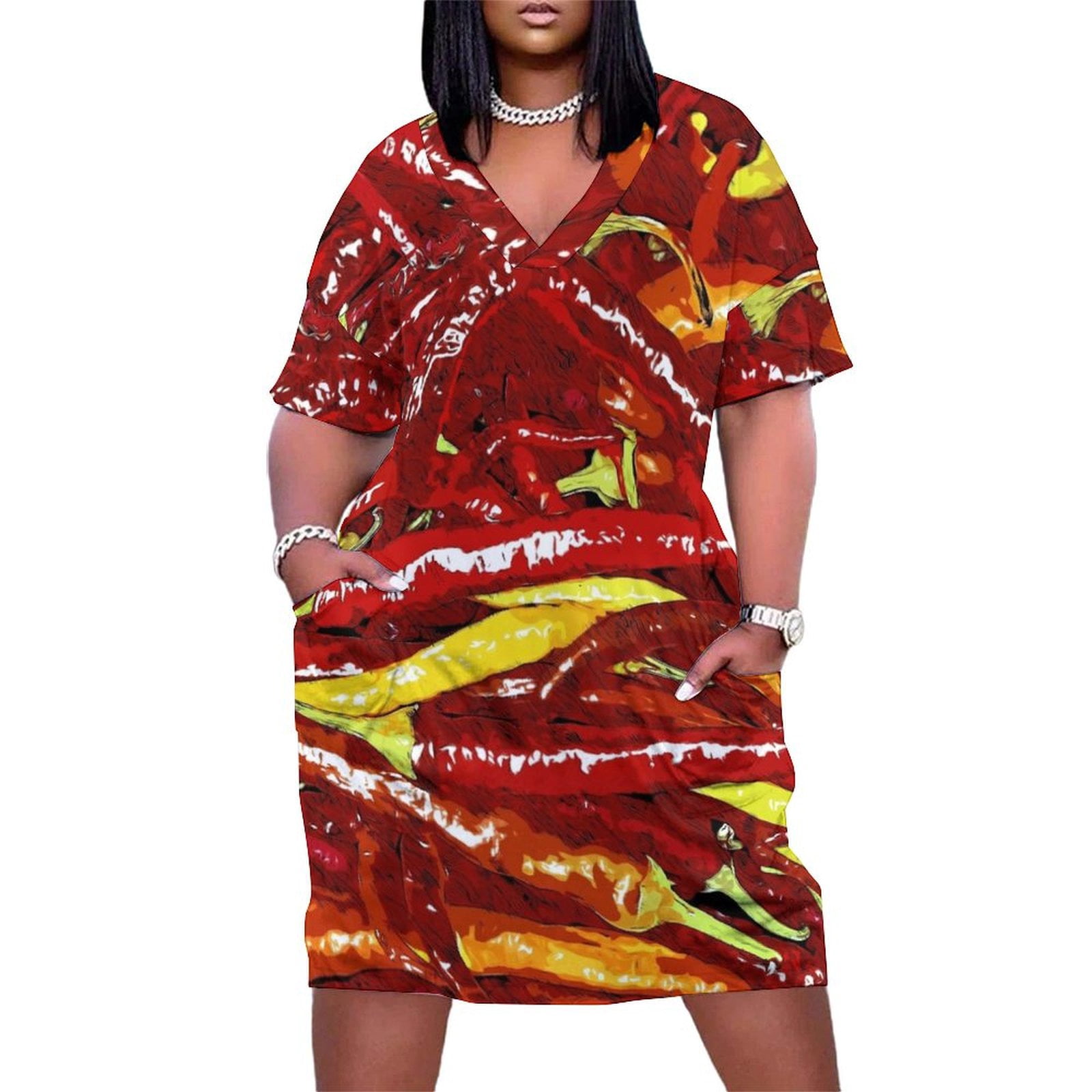 Chilli peppers color print Loose Pocket Dress elegant dress dress for ...