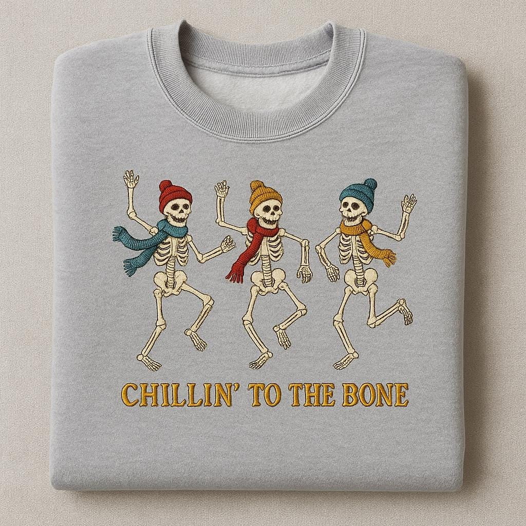 Chillin' to the Bone Skeleton Sweatshirt, Embroidered Dancing Skeleton ...