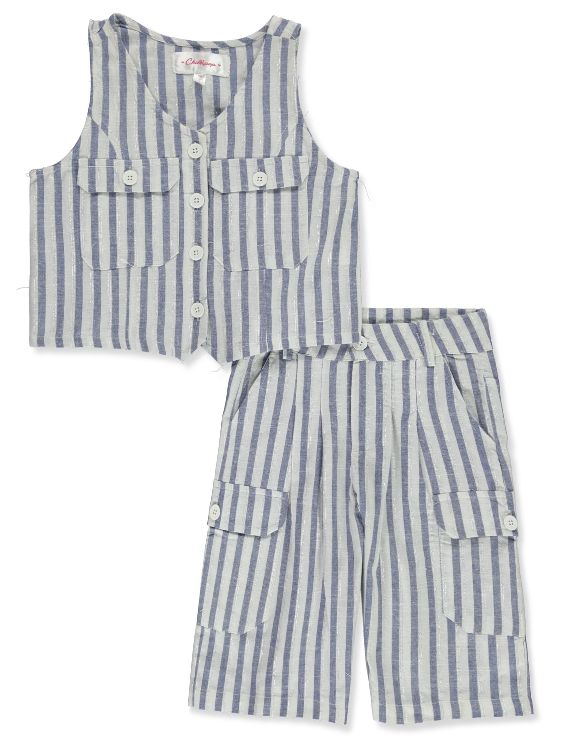 Chillipop Girls' 2-Piece Striped Faux Linen Shorts Set Outfit - blue, 7 ...