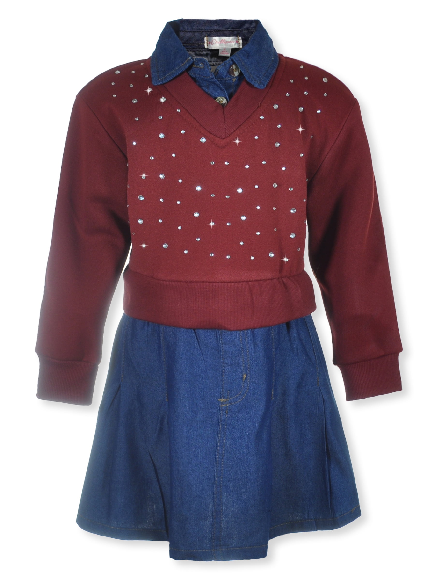 Chillipop Girls' Chambray Sweater Double Layer Dress Color: red Size: 4 ...