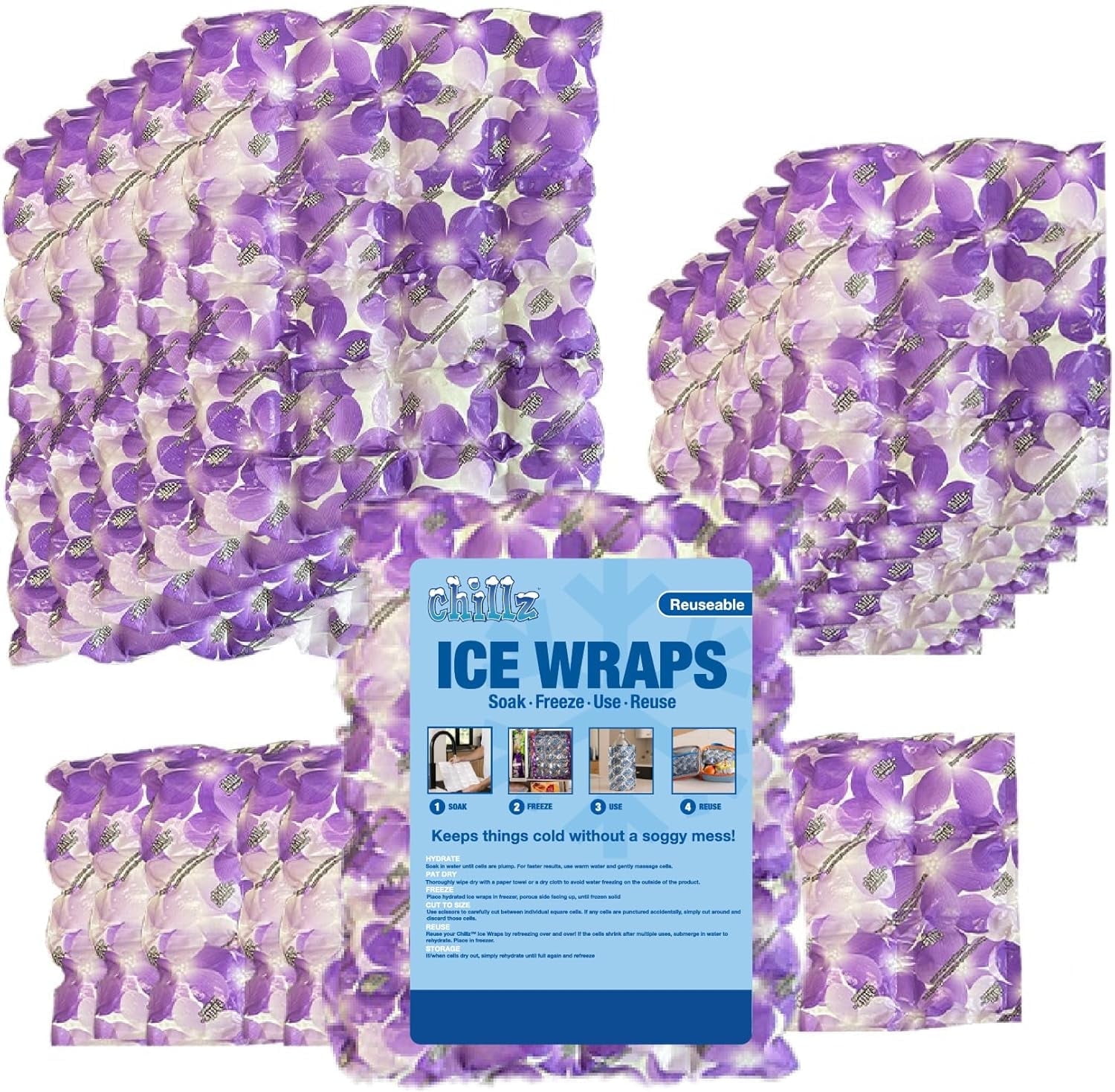 Chillz Reusable Ice Wraps 20 Pack (Purple Floral) - Walmart.com