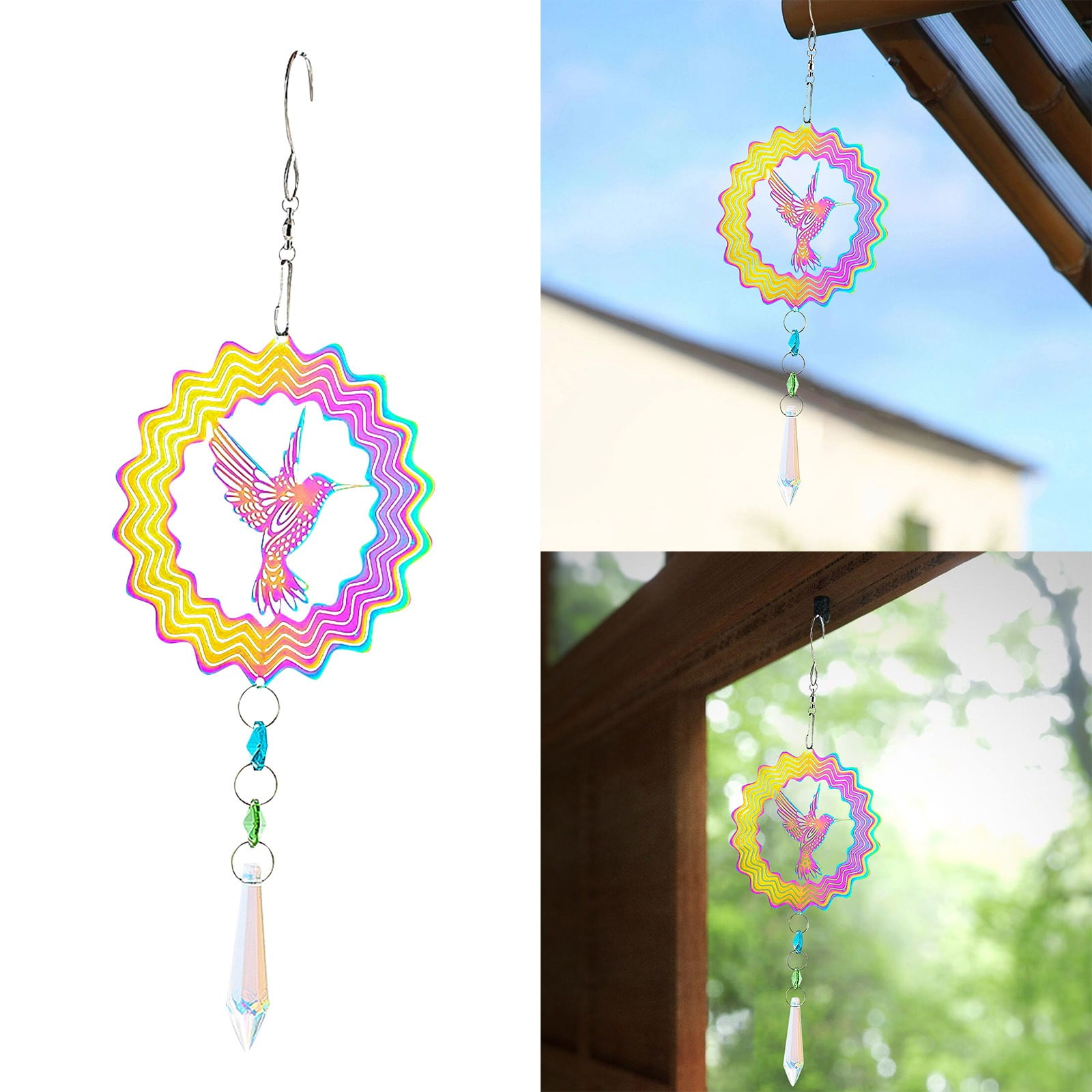 Rotating Wind Chime Hummingbird Glass Garden Courtyard Hanging ...
