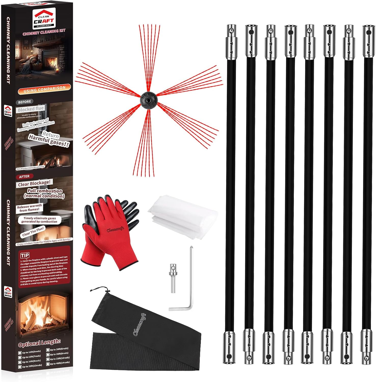 Chimney Sweep Kit, 23 Feet with 7 Flexible Black Chimney Rods, Chimney ...